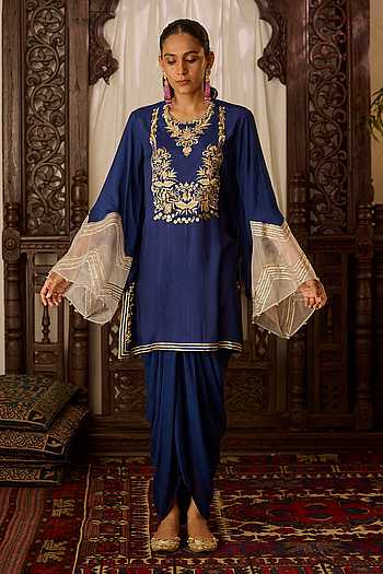 Buy Blue Cotton Silk Embroidered Thread Round Yoke Tunic With Skirt For ...