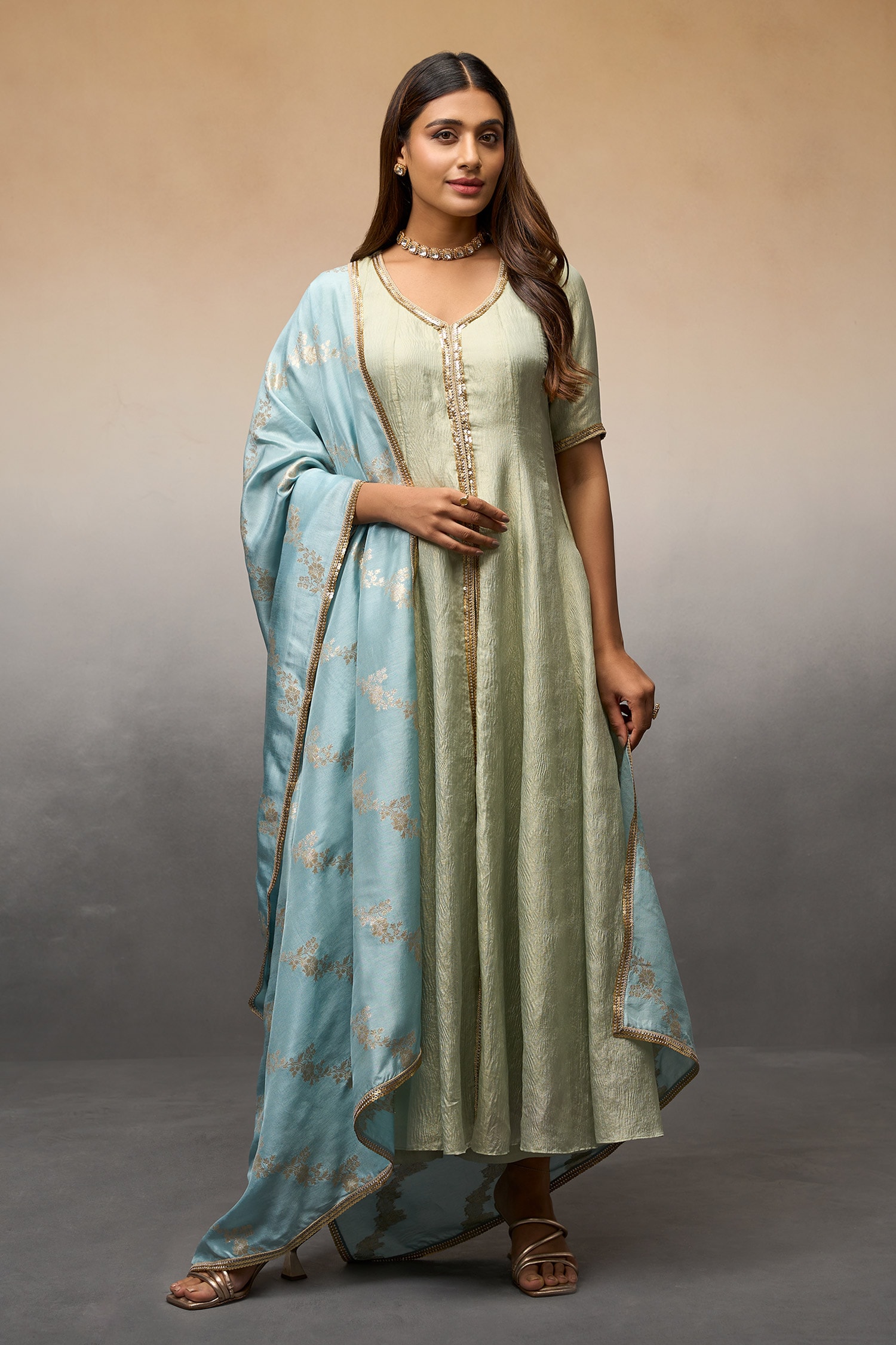 Buy Green Anarkali And Pant Banarasi Embroidery Sequin Paan Neck Set ...