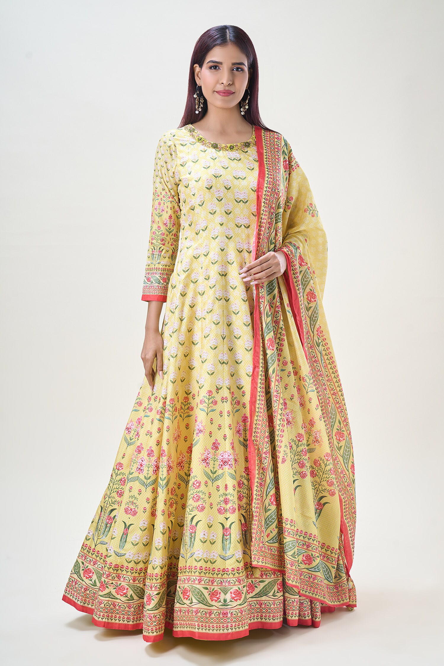 Buy Yellow Doll Silk Print Floral Round Flower Butti Garden Anarkali ...