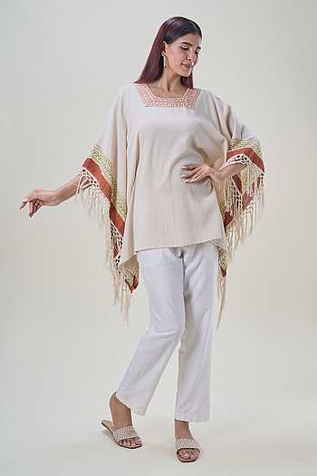 Buy Beige Khari Cotton Block Print Square Neck Kaftan Top For Women by ...