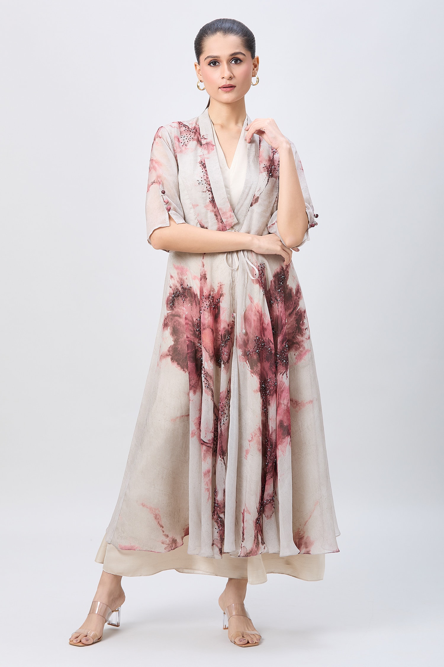 Buy Beige Organza Printed Waterlily V Neck Flared Jacket Dress With ...