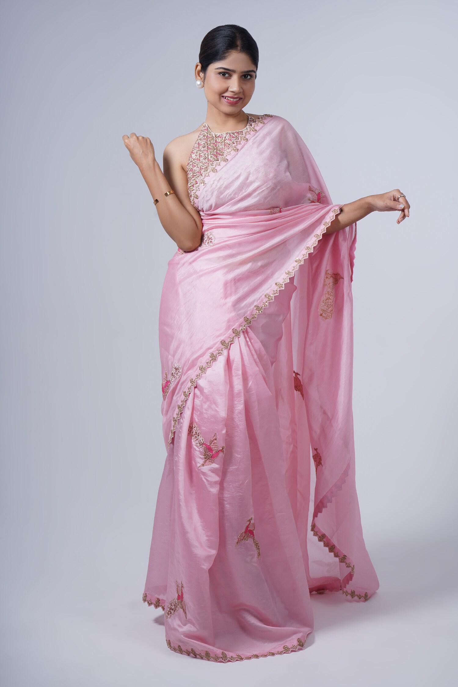 Buy Pink Embroidered Floral Halter Bordered Saree With Blouse For Women ...