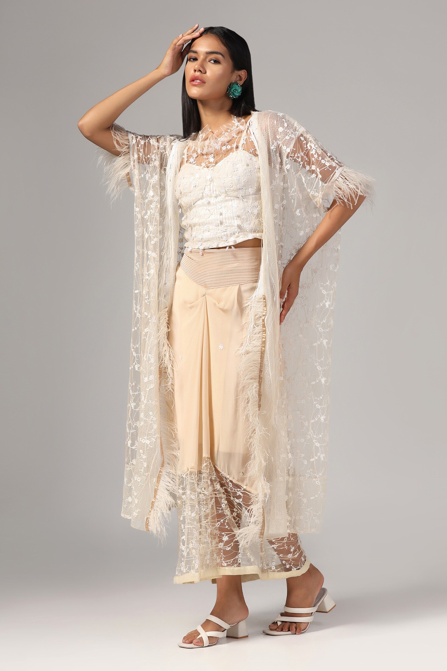 Buy Peach Organza Embroidery Floral Bustier Geometric Thread Jacket And ...