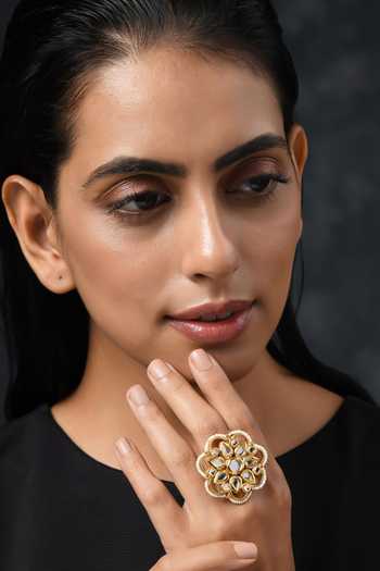 Buy Gold Plated Polki Floral Carved Ring by Paisley Pop Online at Aza ...