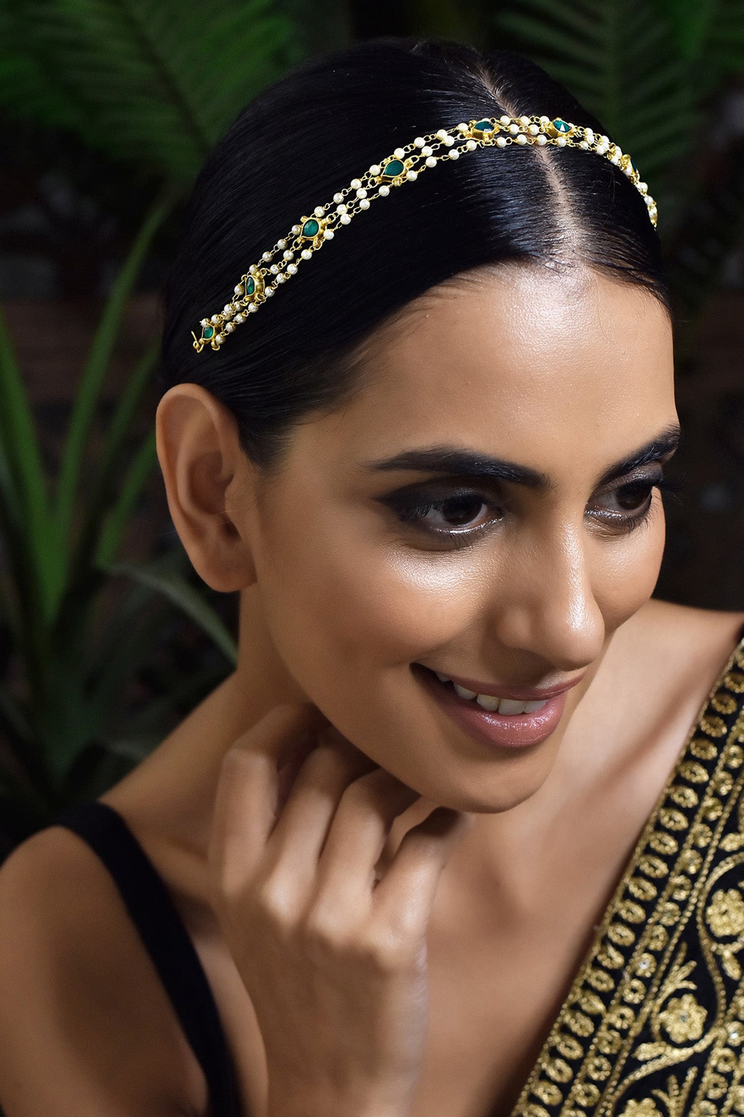Buy Green Kundan Pearl String Headband by Paisley Pop Online at Aza ...