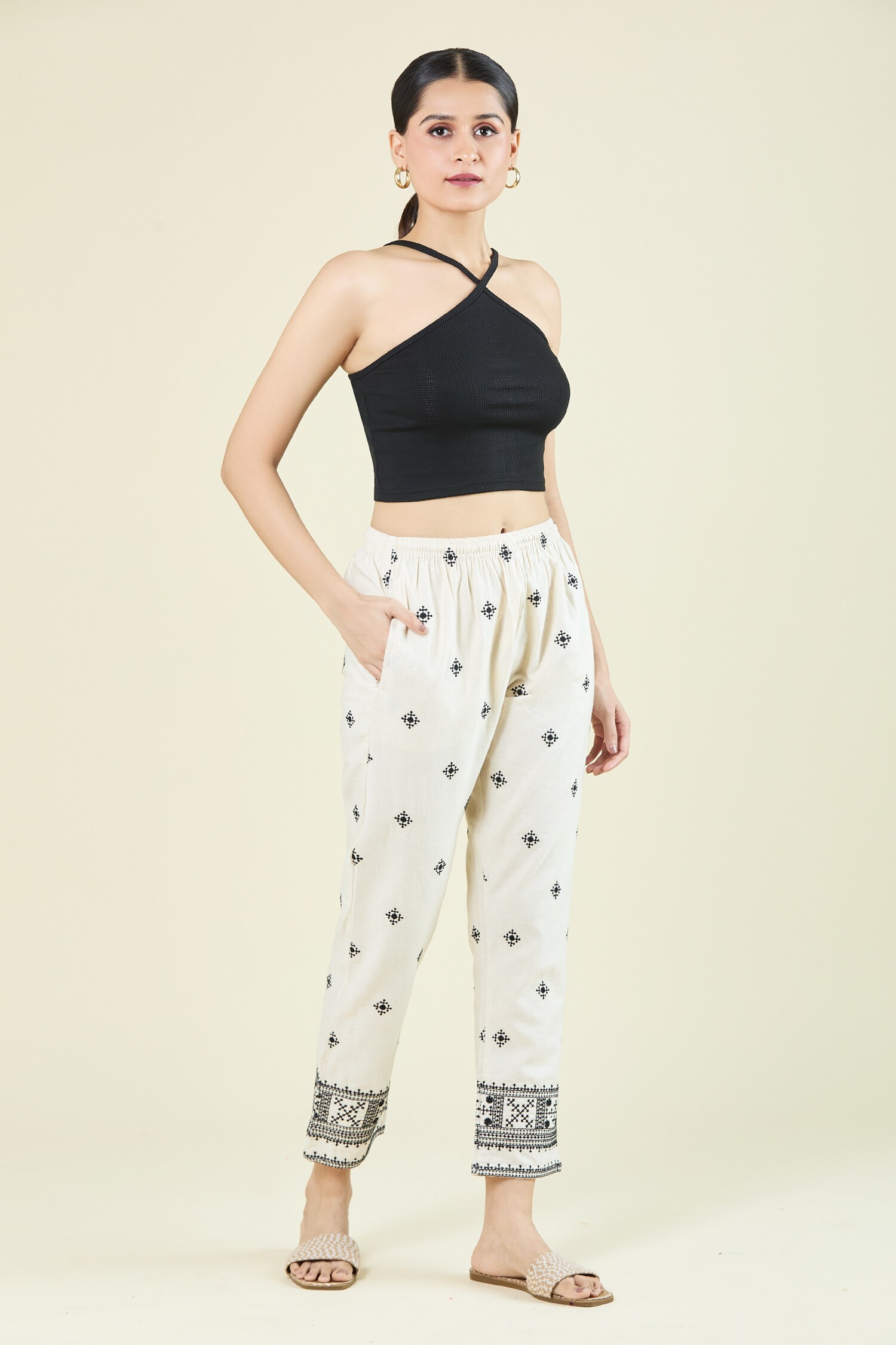 Buy Cream Cotton Embroidery Kasuti Thread Straight Pant For Women by ...