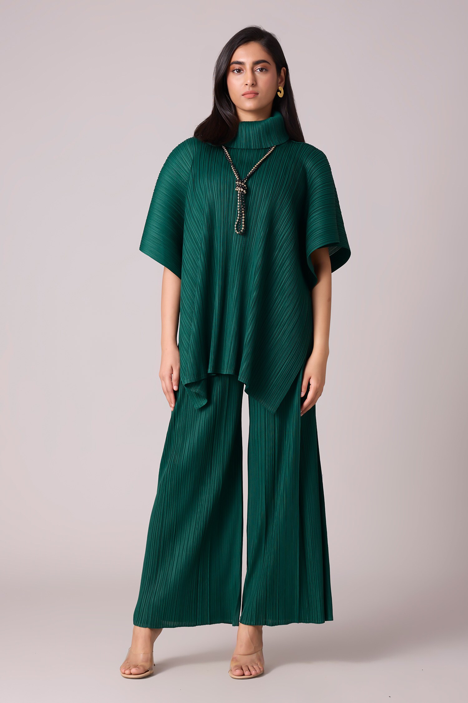 Buy Green 100% Polyester Plain Turtle Neck Lexi Pleated Top And Pant ...