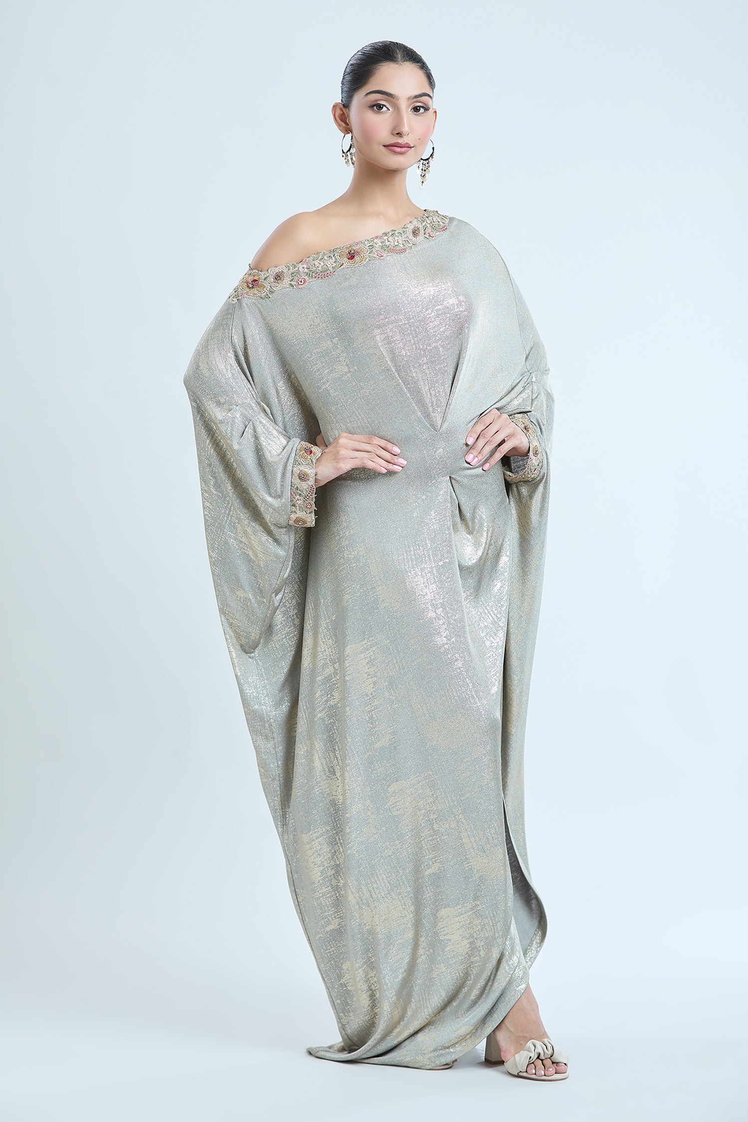 Buy Grey Embroidered Floral One Shoulder Metallic Draped Kaftan Dress ...