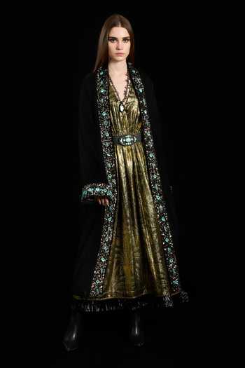 Buy Black Velvet Embroidered Dabka Open Lapel Overlay For Women by Rara ...