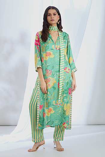 Buy Green Satin Printed Stripe Collar Floral Kurta Set With Scarf For ...