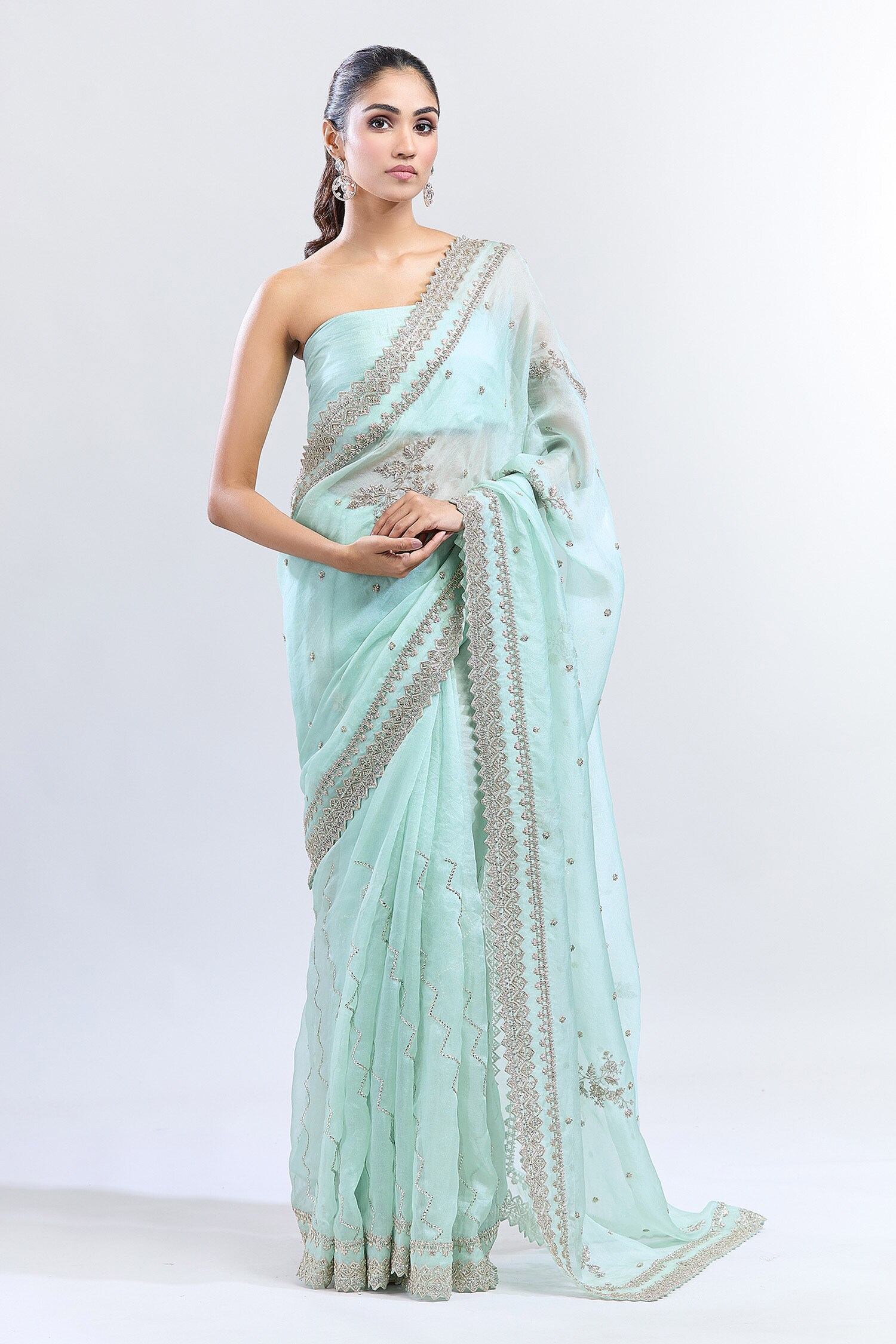 Buy Green Organza Embroidered Sequins Zardozi Saree With Unstitched ...