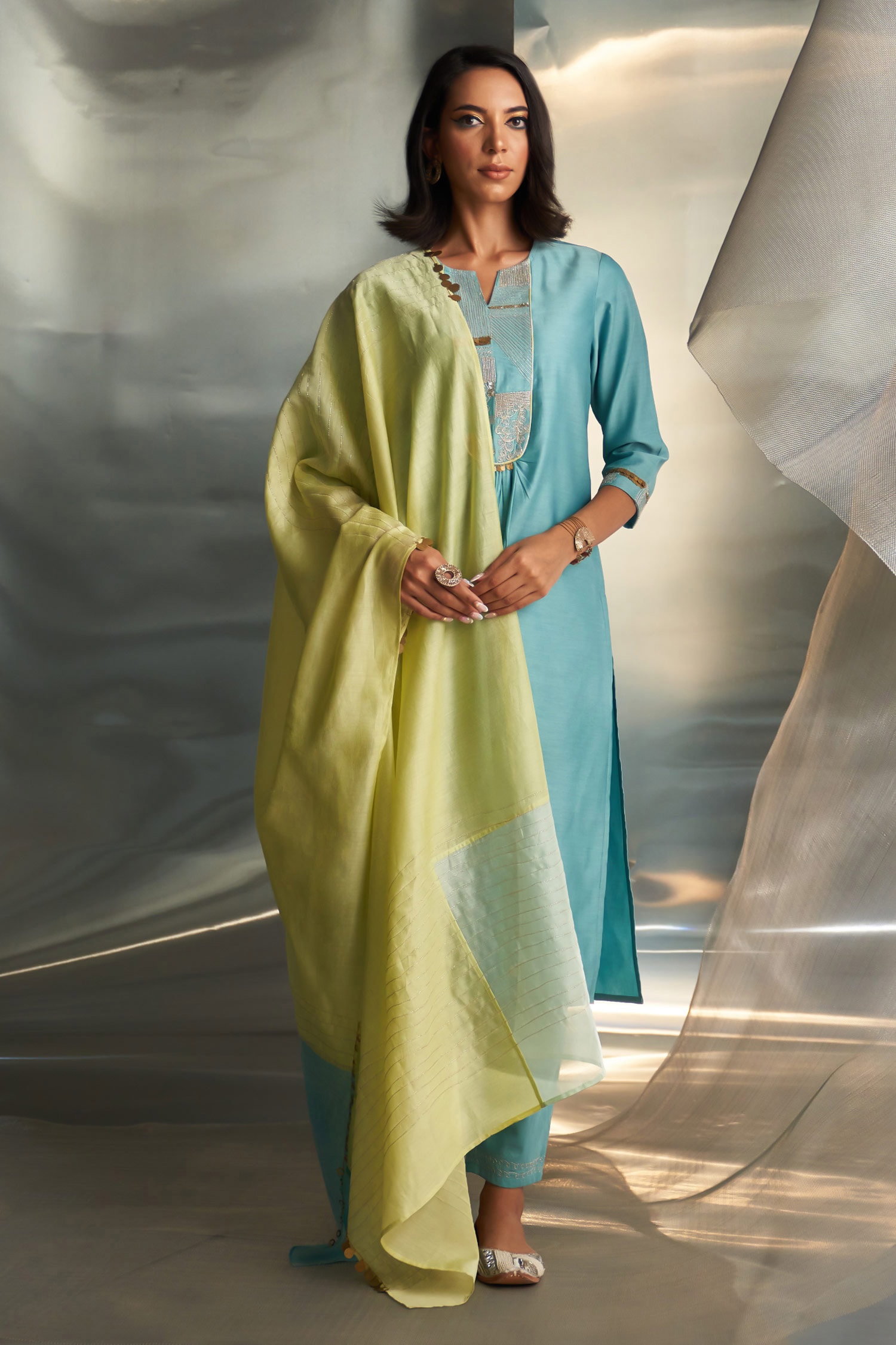 Buy Blue Kurta And Dupatta Chanderi Embroidered Zari Notched Bodice ...