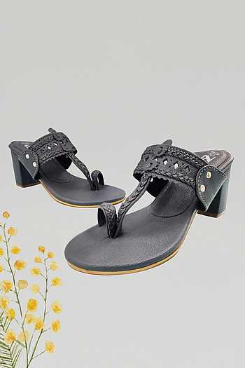 Buy Grey Haiku Trio Braided Cutwork Kolhapuri Block Heels by The Madras ...