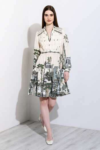 Buy Ivory Linen Blend Printed Windows Of The World V Neck Angelina ...