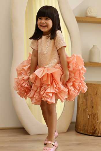Buy Peach Jacquard Fabric Woven Floral Princess Abstract Frill Dress ...