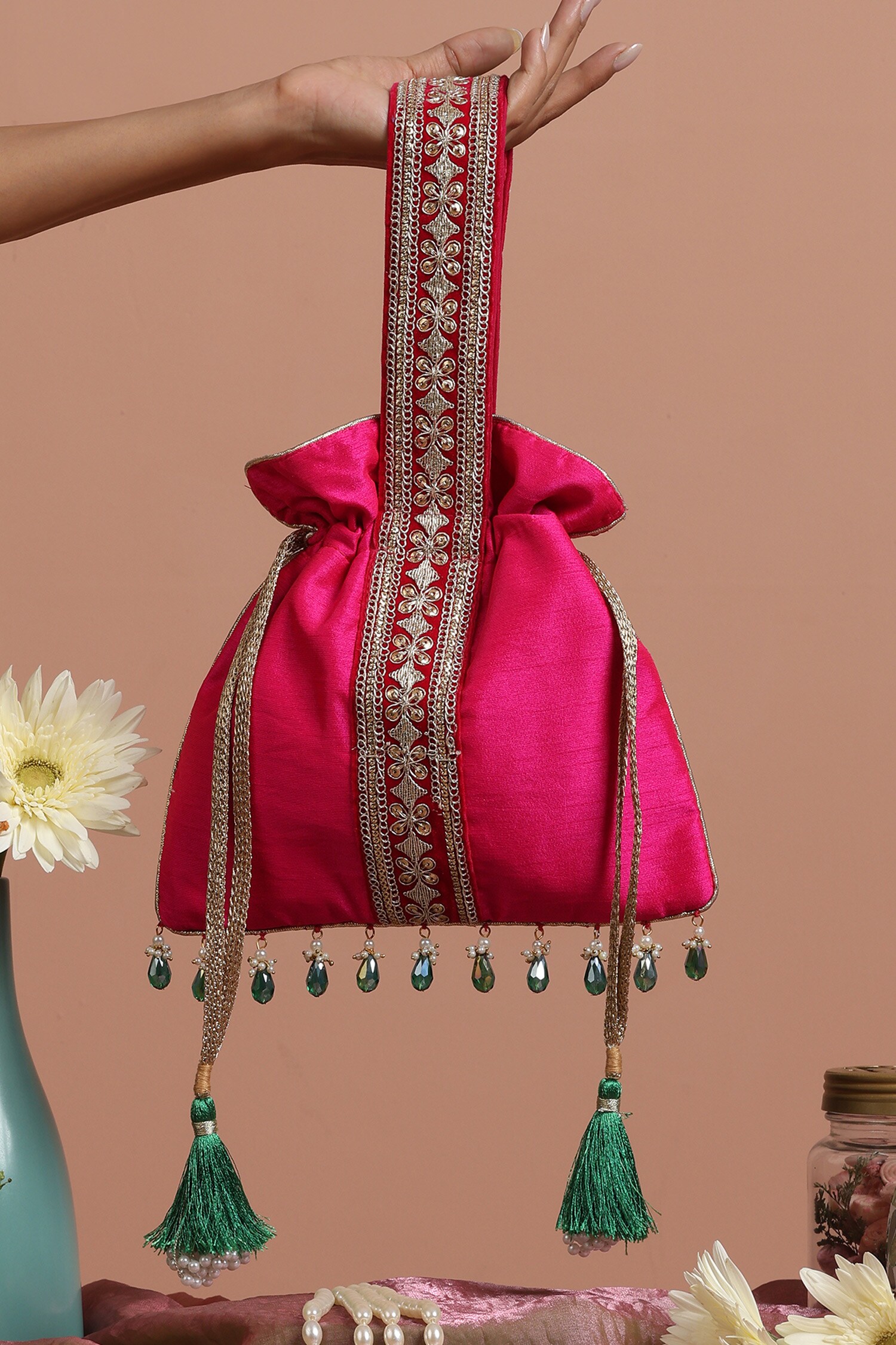 Buy Magenta Embellished Silk Floral Embroidered Handle Potli by ...