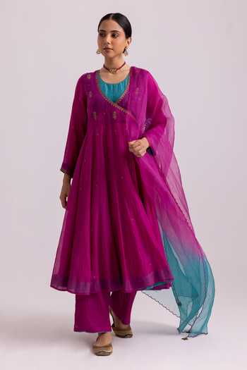 Buy Magenta Anarkali And Pant Chanderi Embroidered Sequin Cross Panel ...