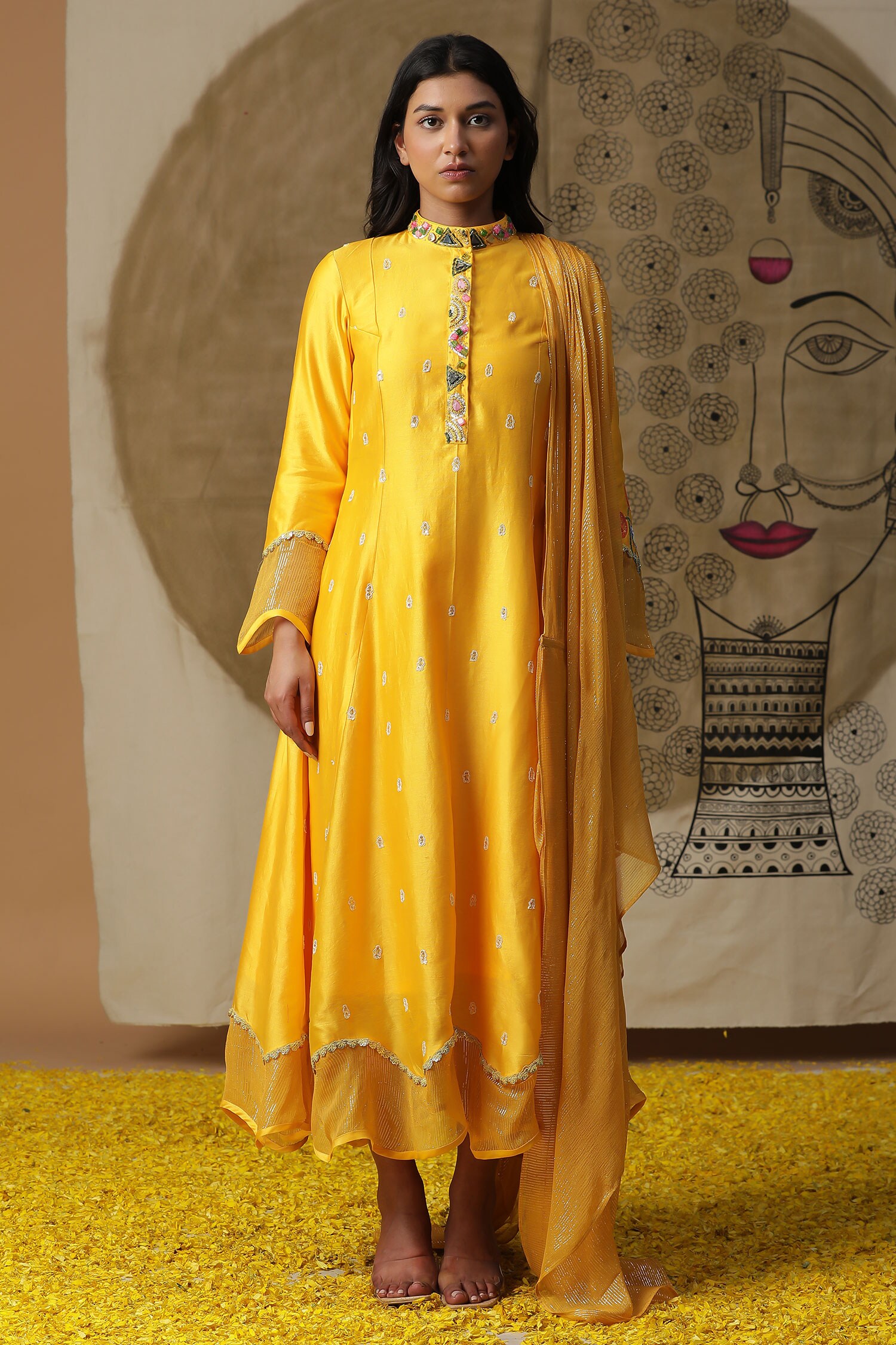 Buy Yellow Cotton Hand Embroidered Flower Painted Draped Dress For ...