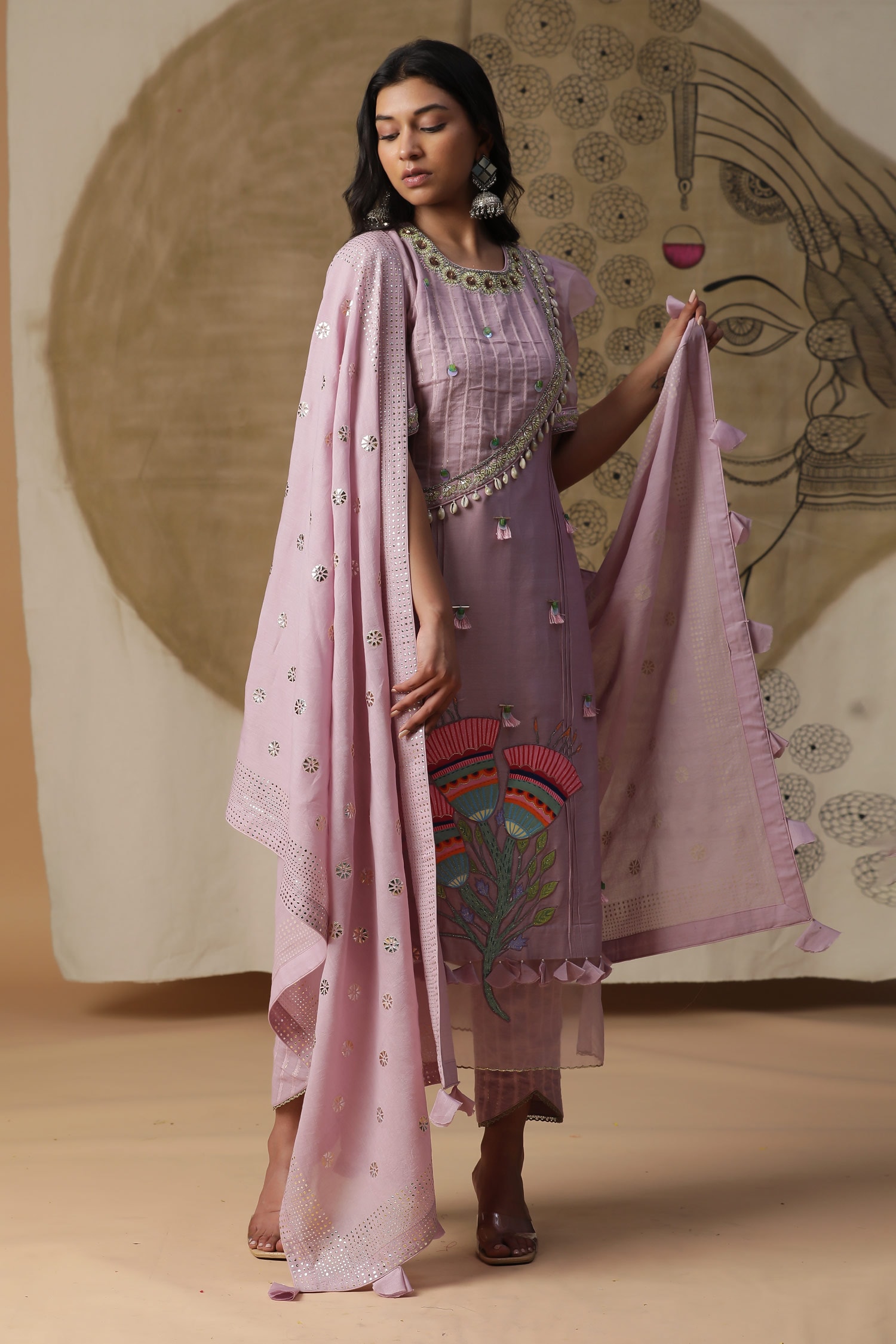 Buy Purple Chanderi Silk Hand Embroidered Cori Shells Flower Painted ...