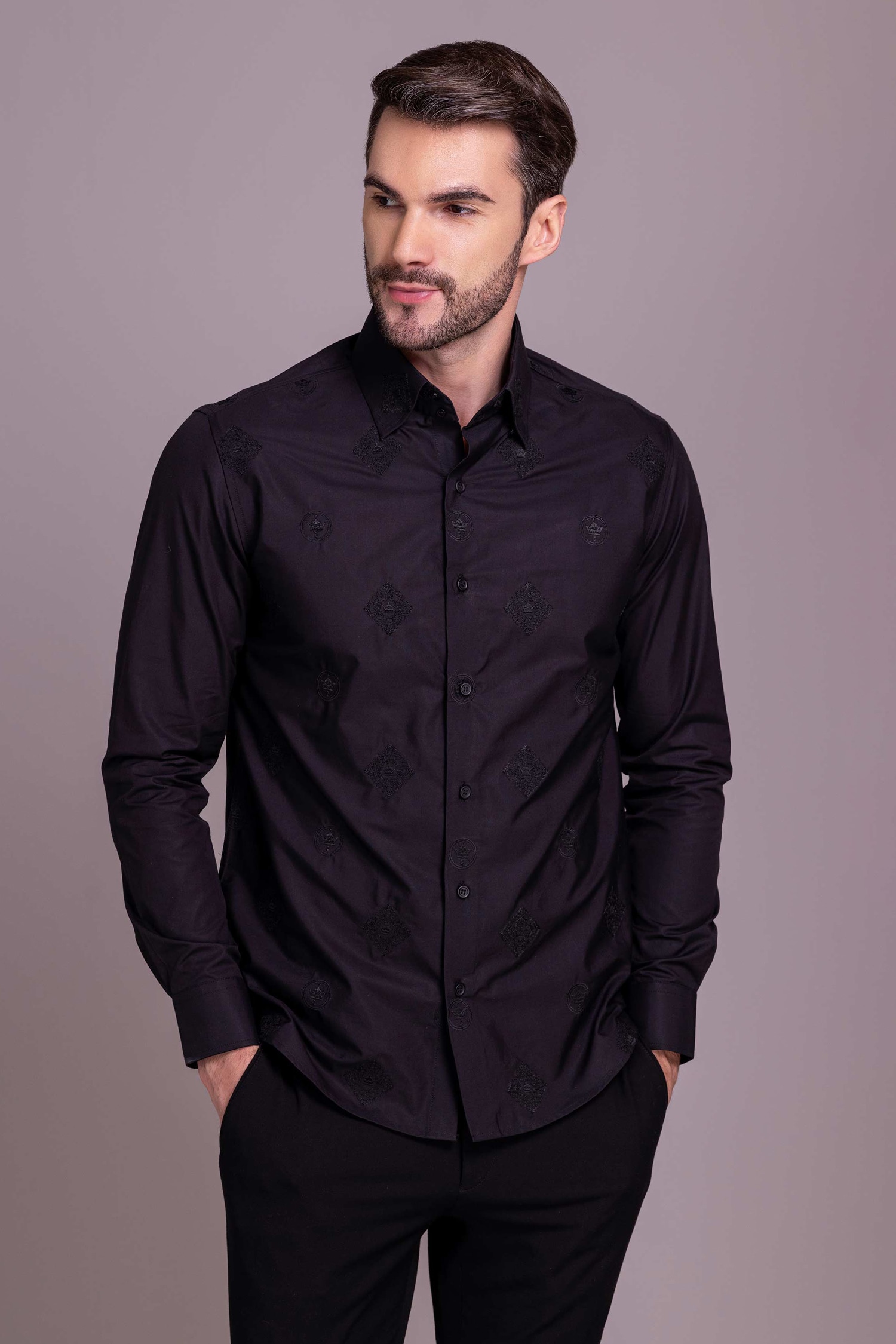 Buy Black Cotton Embroidery Thread Crest Placement Shirt For Men by ...