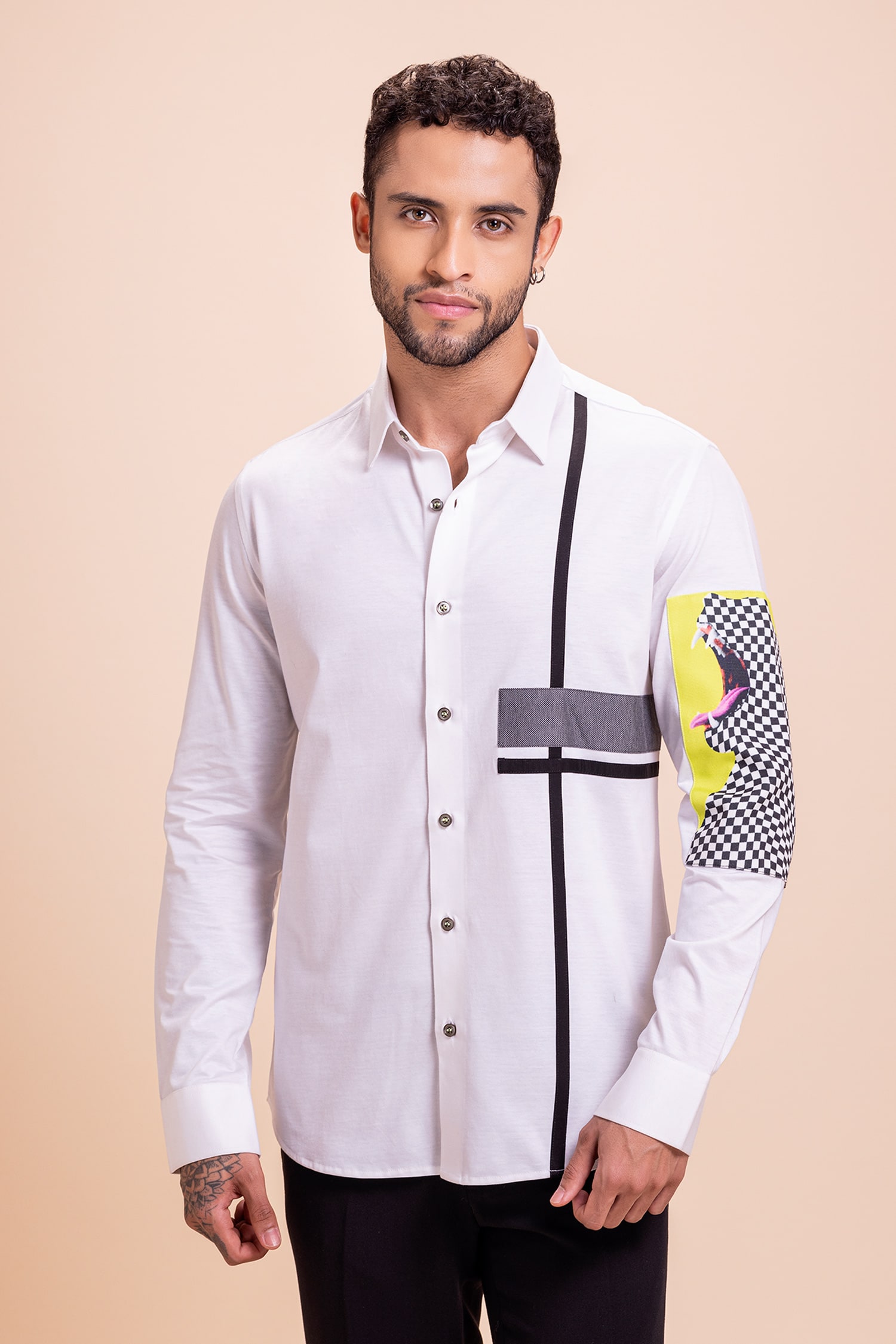 Buy White Cotton Knit Patchwork Panel Shirt For Men by AMIT ARORA ...