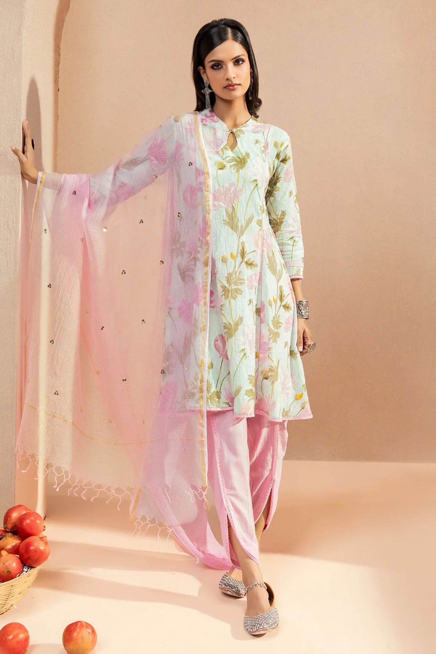 Buy Pink Kurta And Pant Cotton Dobby A-line Floral Print Short Tulip ...