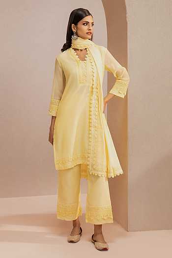 Buy Yellow Kurta Cotton Silk Embroidered Lace Blunt V Short Pant Set ...