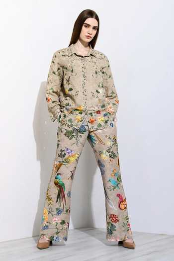 Buy Beige Linen Blend Printed Montana Ilina Boot Legged Pant For Women ...