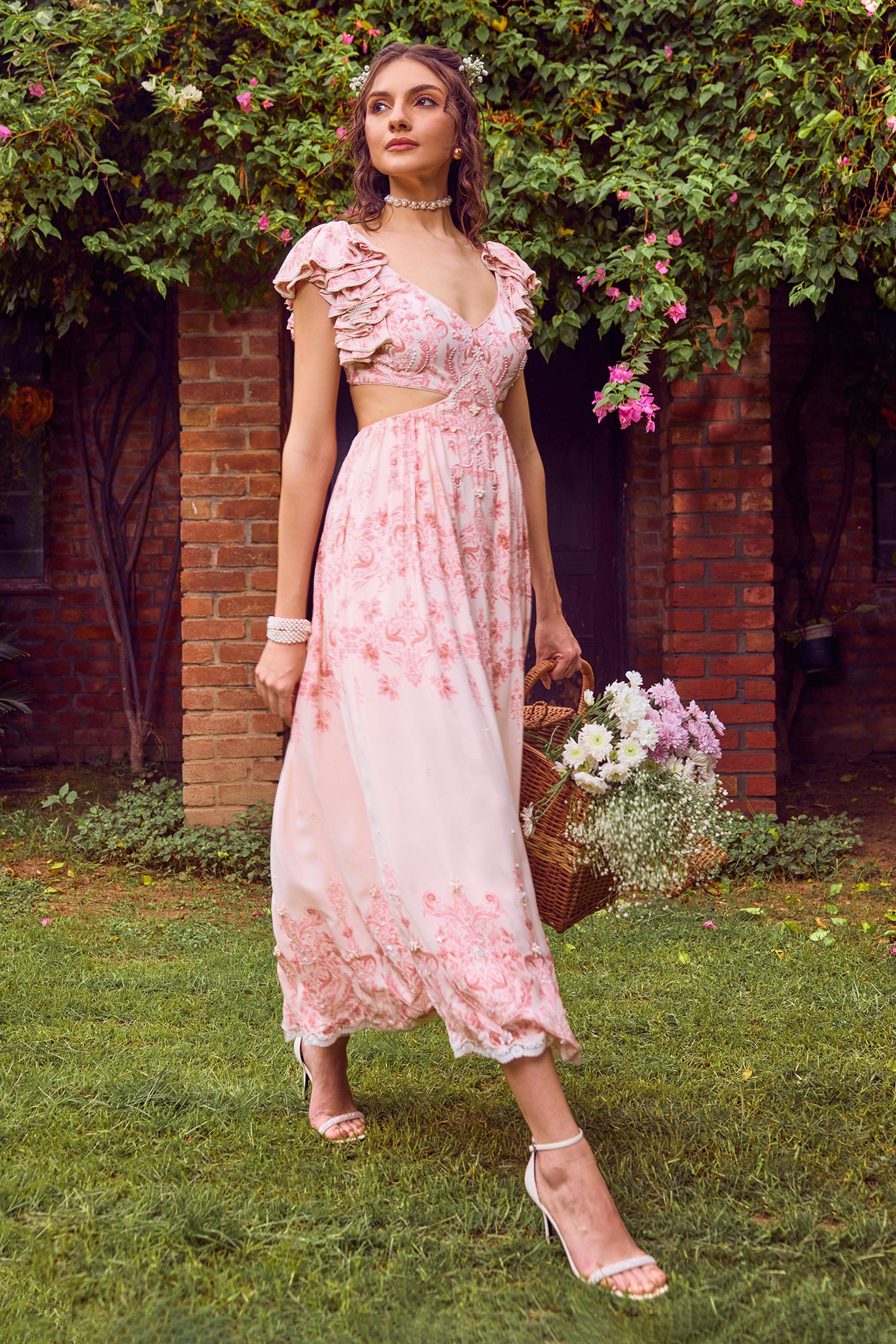 Buy Pink Heavy Dull Crepe Printed Floral V Poppy Frills Ruffled ...