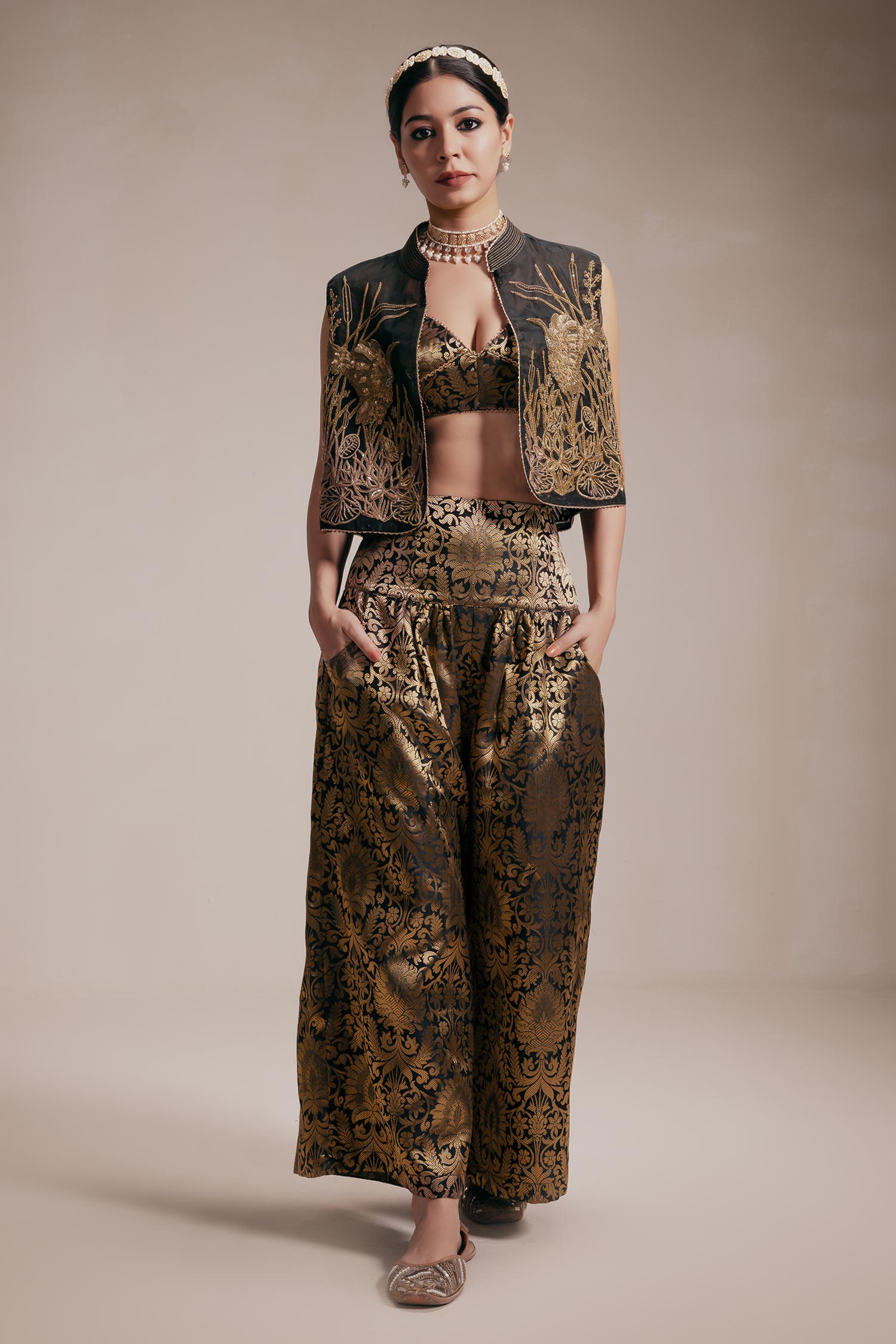 Buy Black Organza Woven Bird Paradise Open Mandarin Collar Embroidered ...