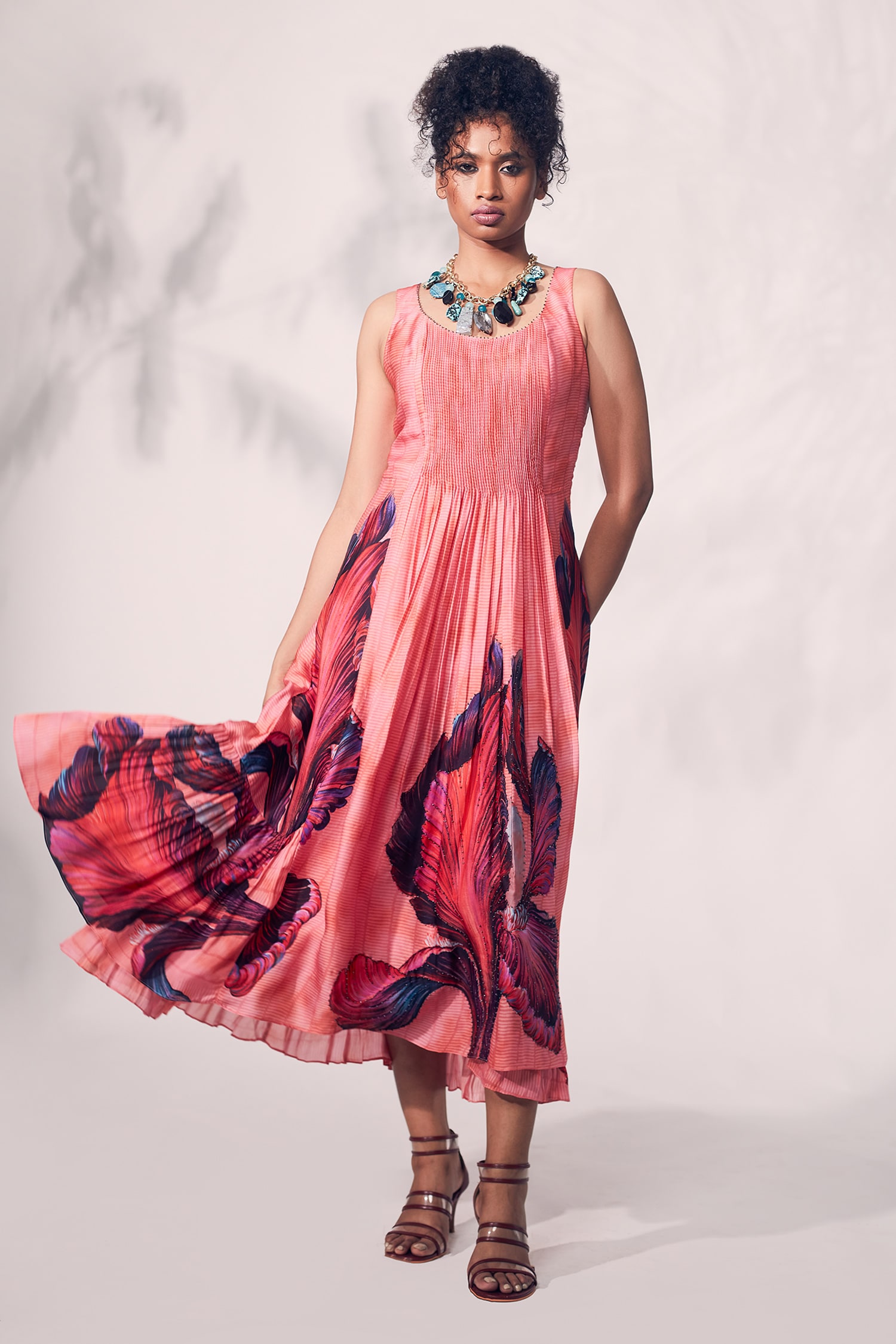 Buy Pink Organza Satin Printed Chrysanthemum Flower Round Layered Dress ...