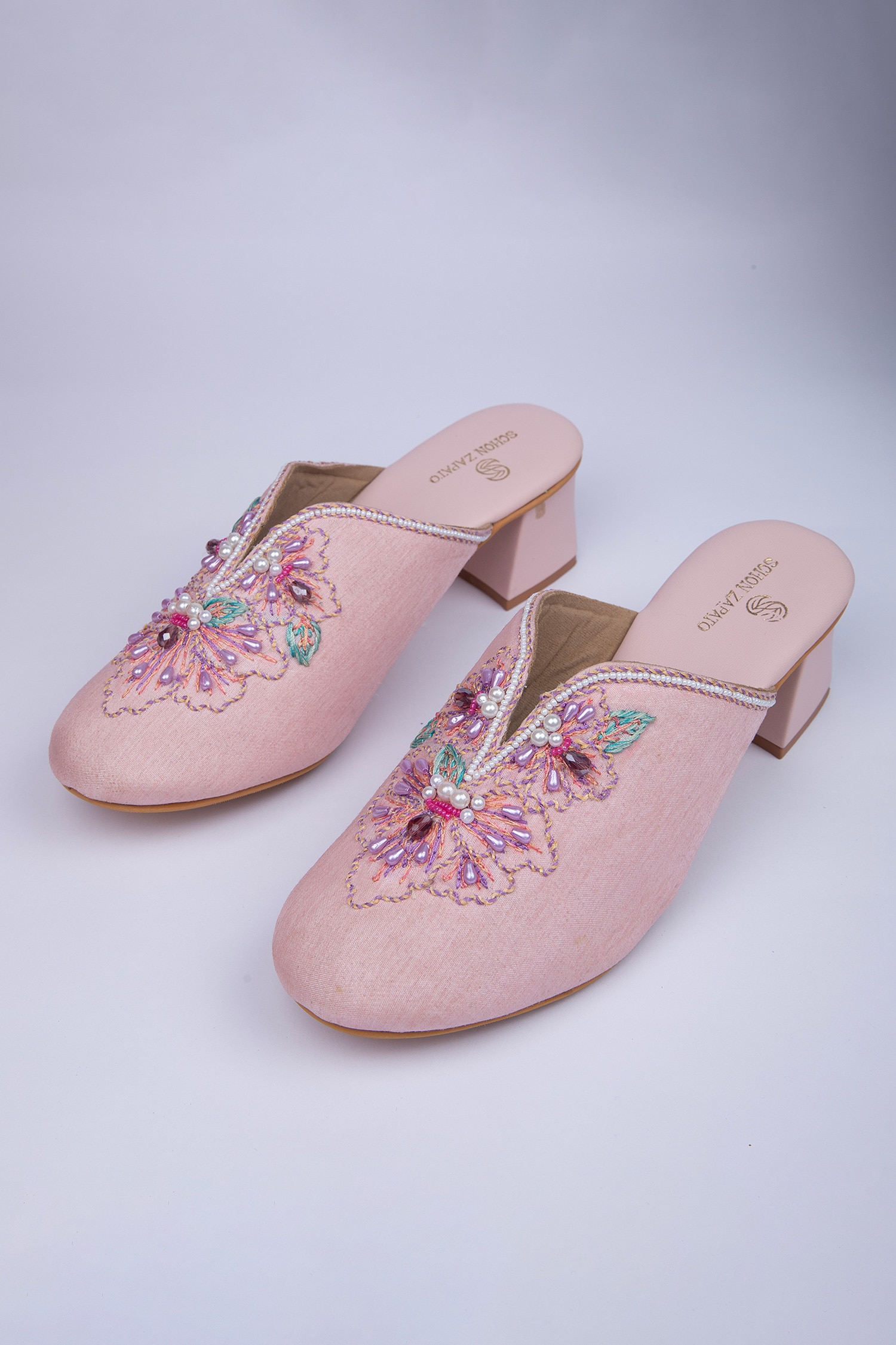 Buy Pink Embroidered Rosa Floral Mule Heels by Schon Zapato Online at ...