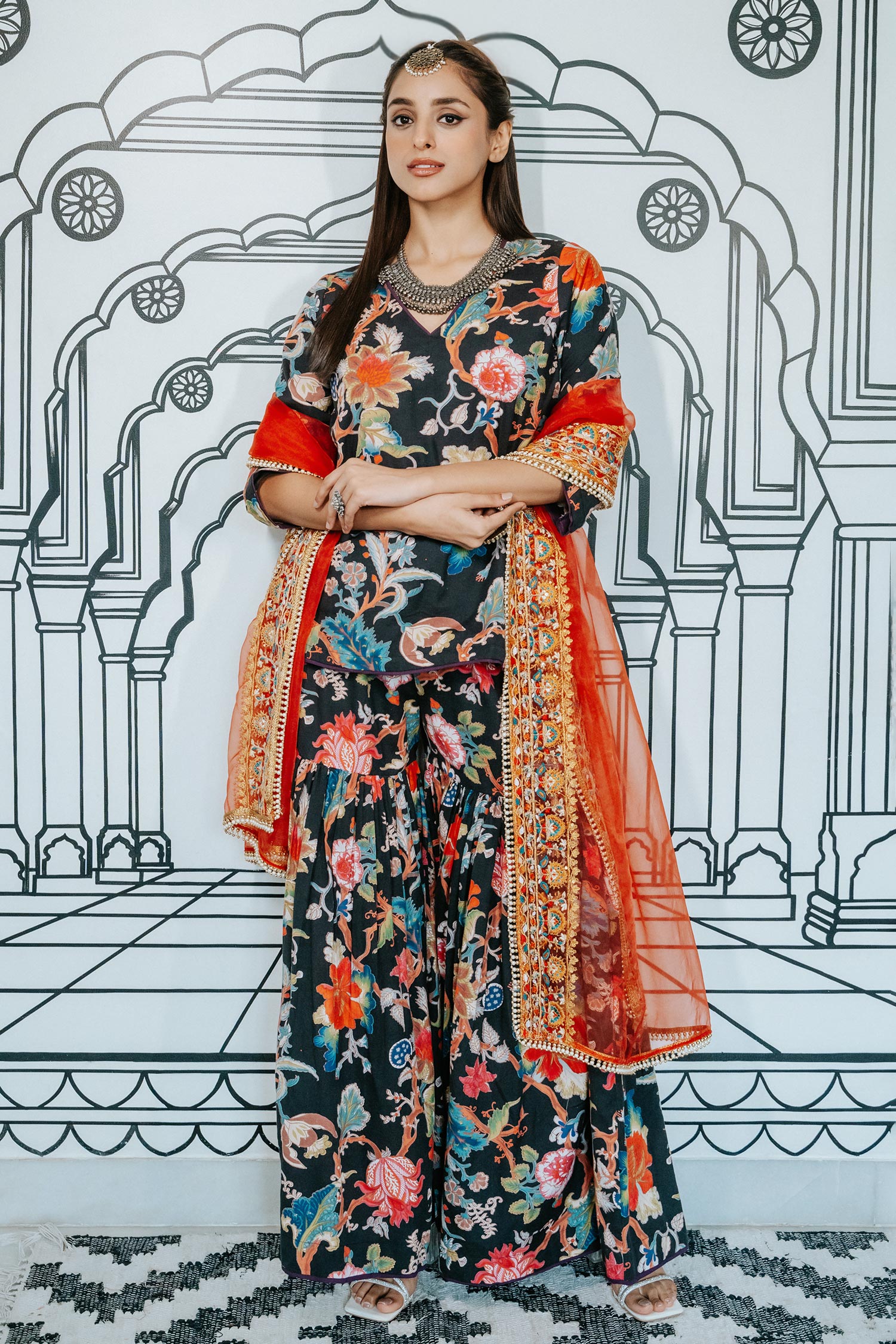 Buy Black Cotton Printed Threadwork V-neck Ruksa Floral Vine Kurta ...