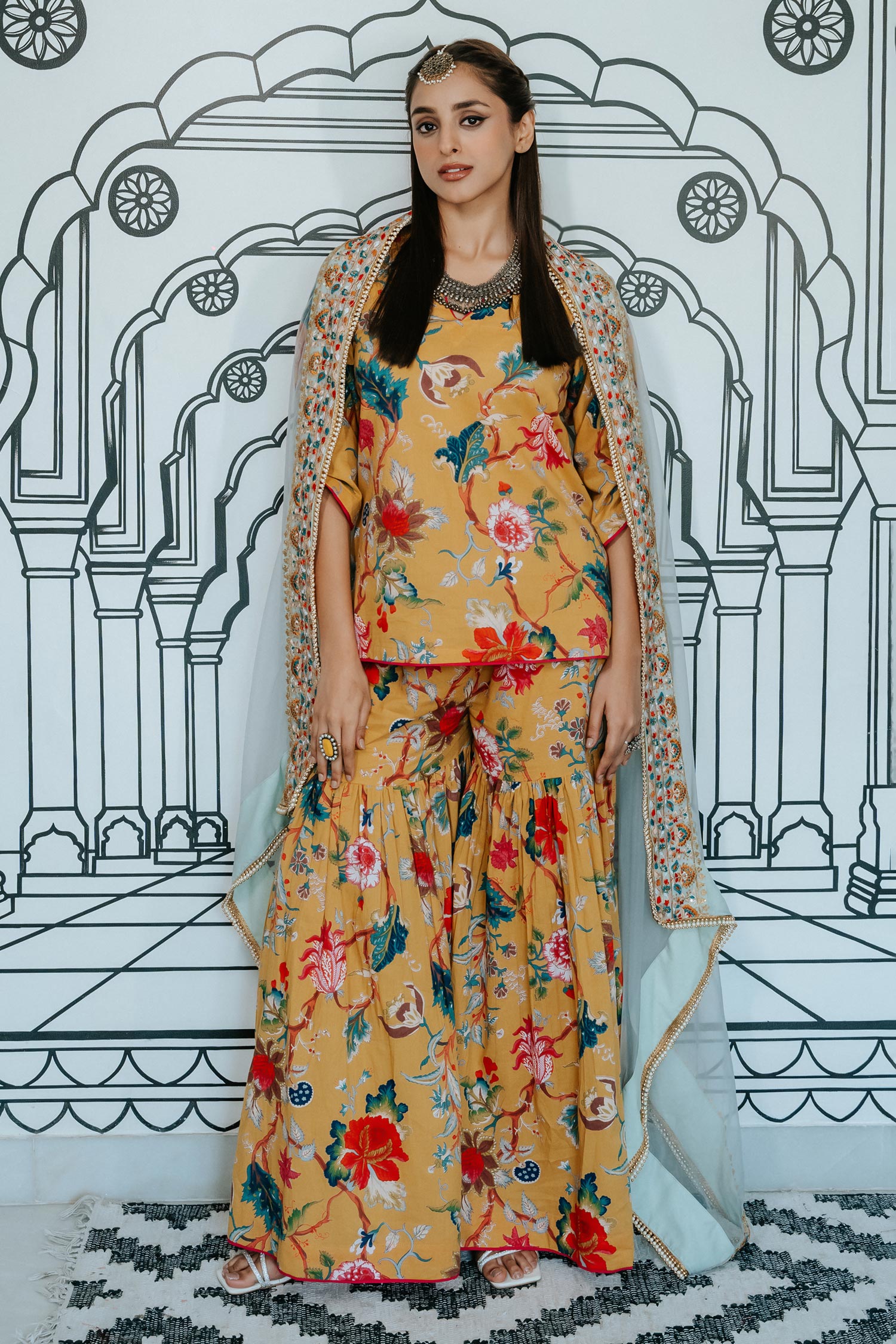 Buy Yellow Cotton Printed Threadwork Ruksa Kurta Set With Embroidered ...