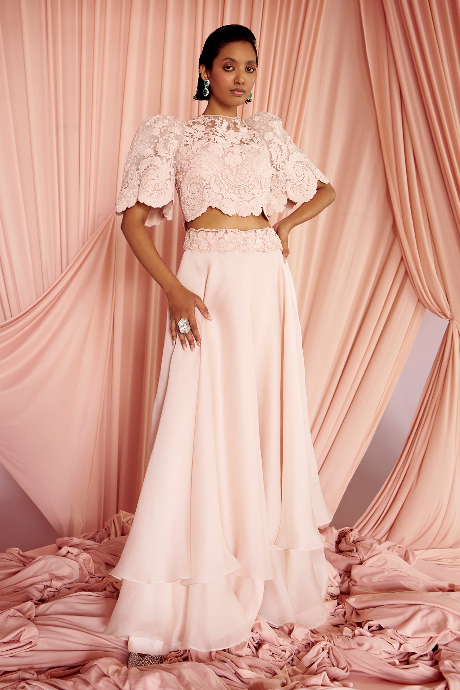 Buy Pink Tulle And Silk Organza Embellished Floral High Charisma Top ...