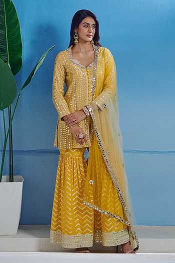 Buy Yellow Georgette Embroidered Zari Pentagon Kurta Sharara Set For ...