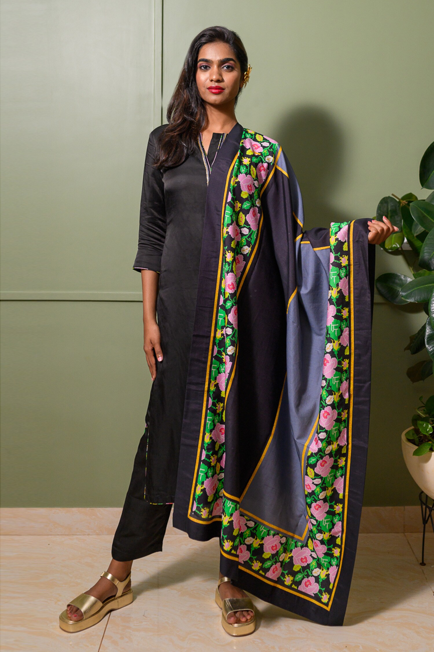 Buy Black Linen Satin Print Lily V Neck Embroidered Back Kurta Pant Set ...