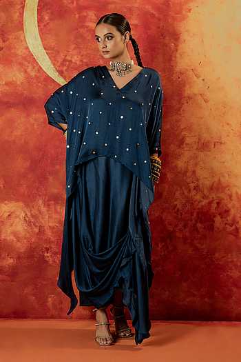 Buy Blue Vegan Satin Hand Embroidered Saba Festive Blocked Kaftan Tunic ...