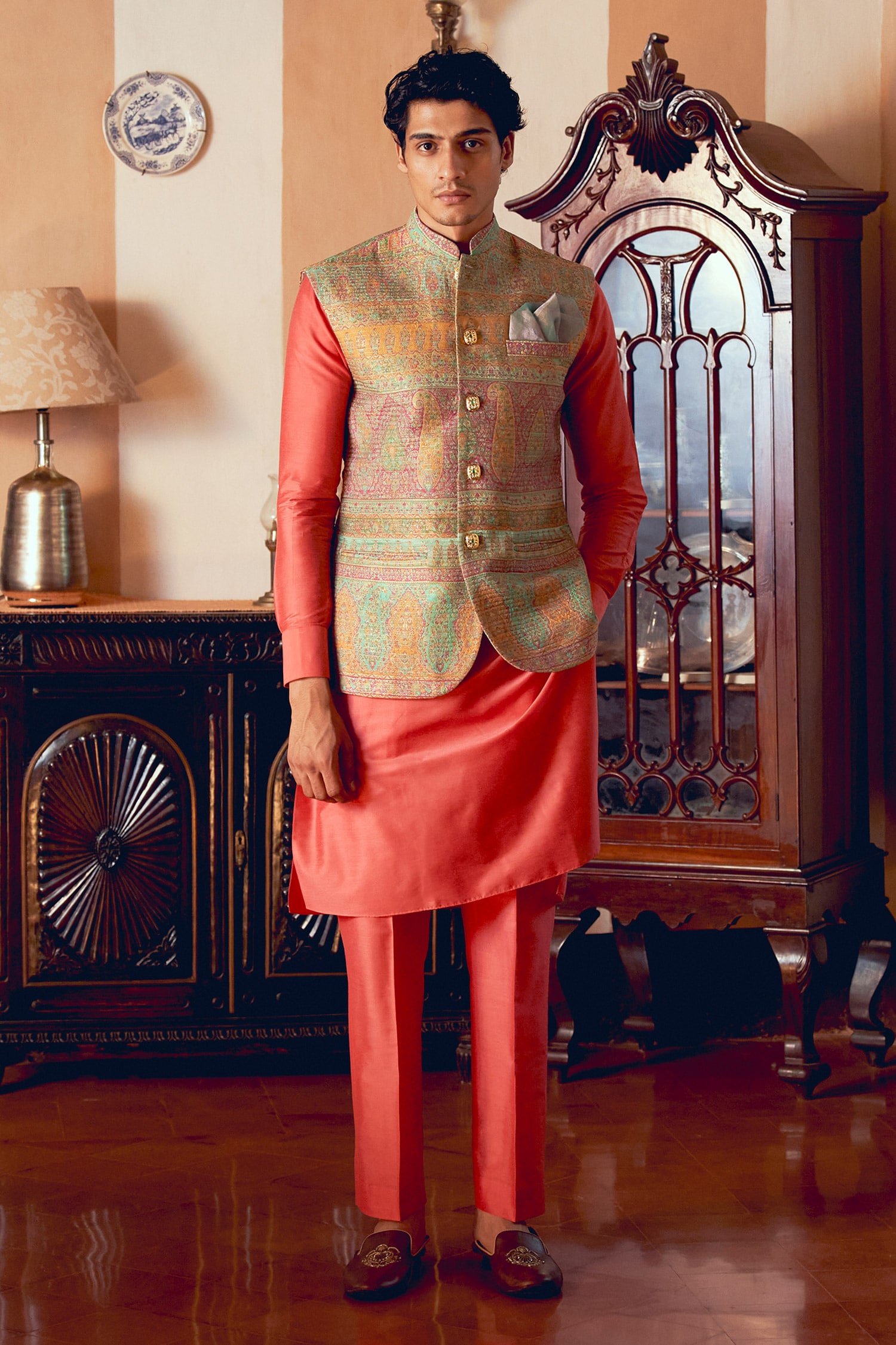 Buy Multi Color Jamawar Zari Detailed Bundi With Kurta Set For Men by ...