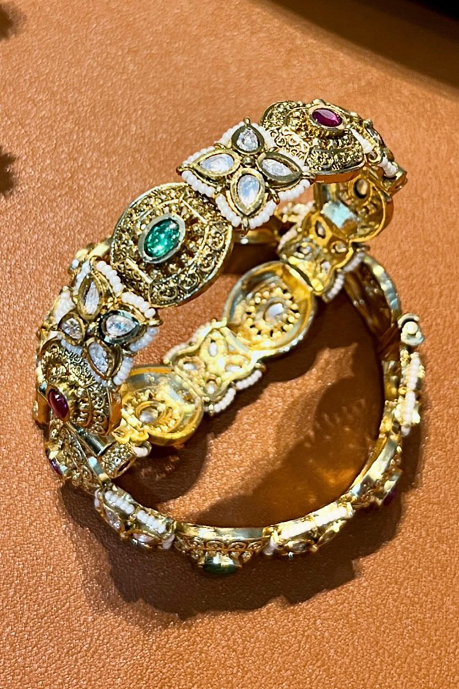 Buy Multi Color Stone Pearl Filigree Embellished Bangles - Set Of 2 by ...