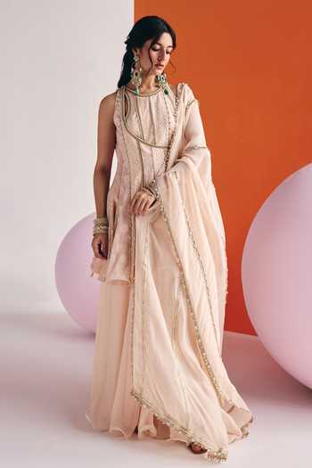 Buy Beige Jacquard Cotton Embellished Lace Panelled Angarkha Anarkali ...