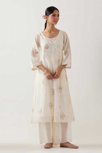 Buy White Handloom Chanderi Silk Print Floral Round Block Angarkha And ...