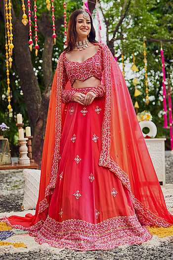 Buy Red Viscose Organza Embroidery Crystals Leaf Sunset Cutdana Ombre ...