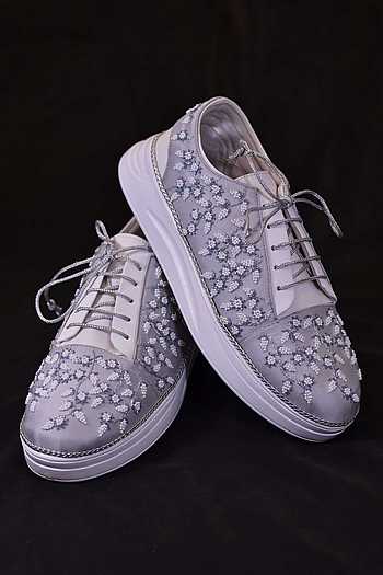 Buy Silver Pearl Liza Embroidered Sneakers by AROUND ALWAYS Online at ...