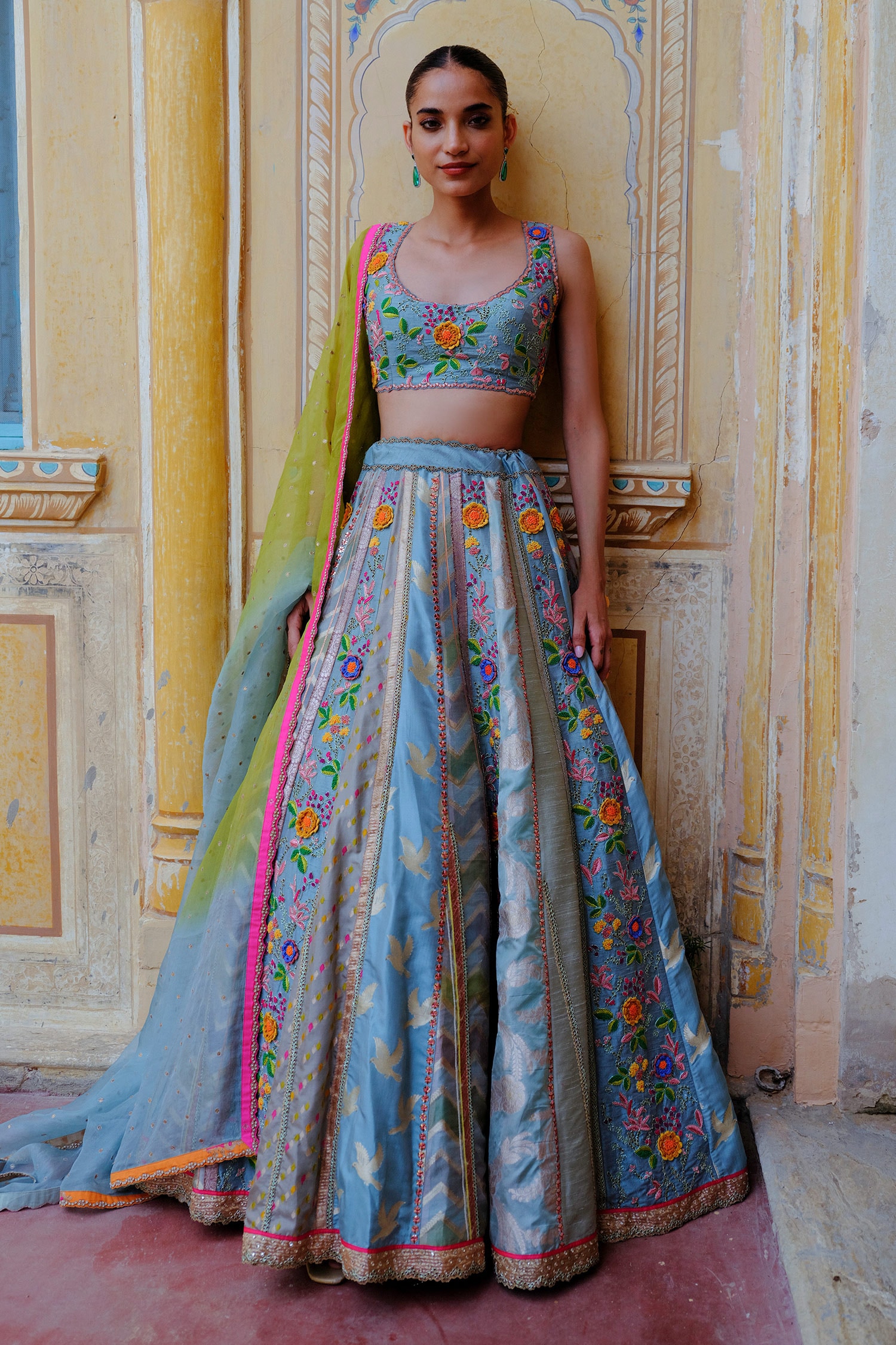 Buy Blue Silk Embroidered Bead Scoop Patchwork Applique Lehenga Set For ...