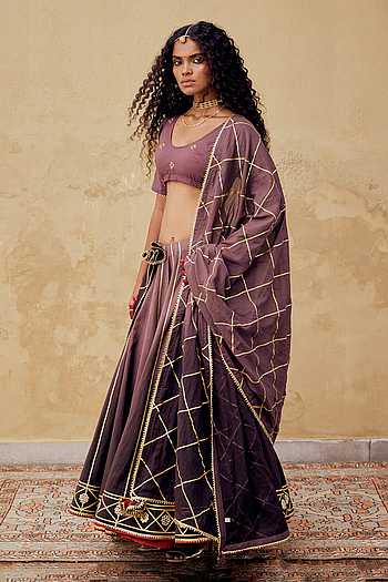 Buy Wine Linen Embroidery Floral Round Saanjh Gota Flowy Lehenga Set ...