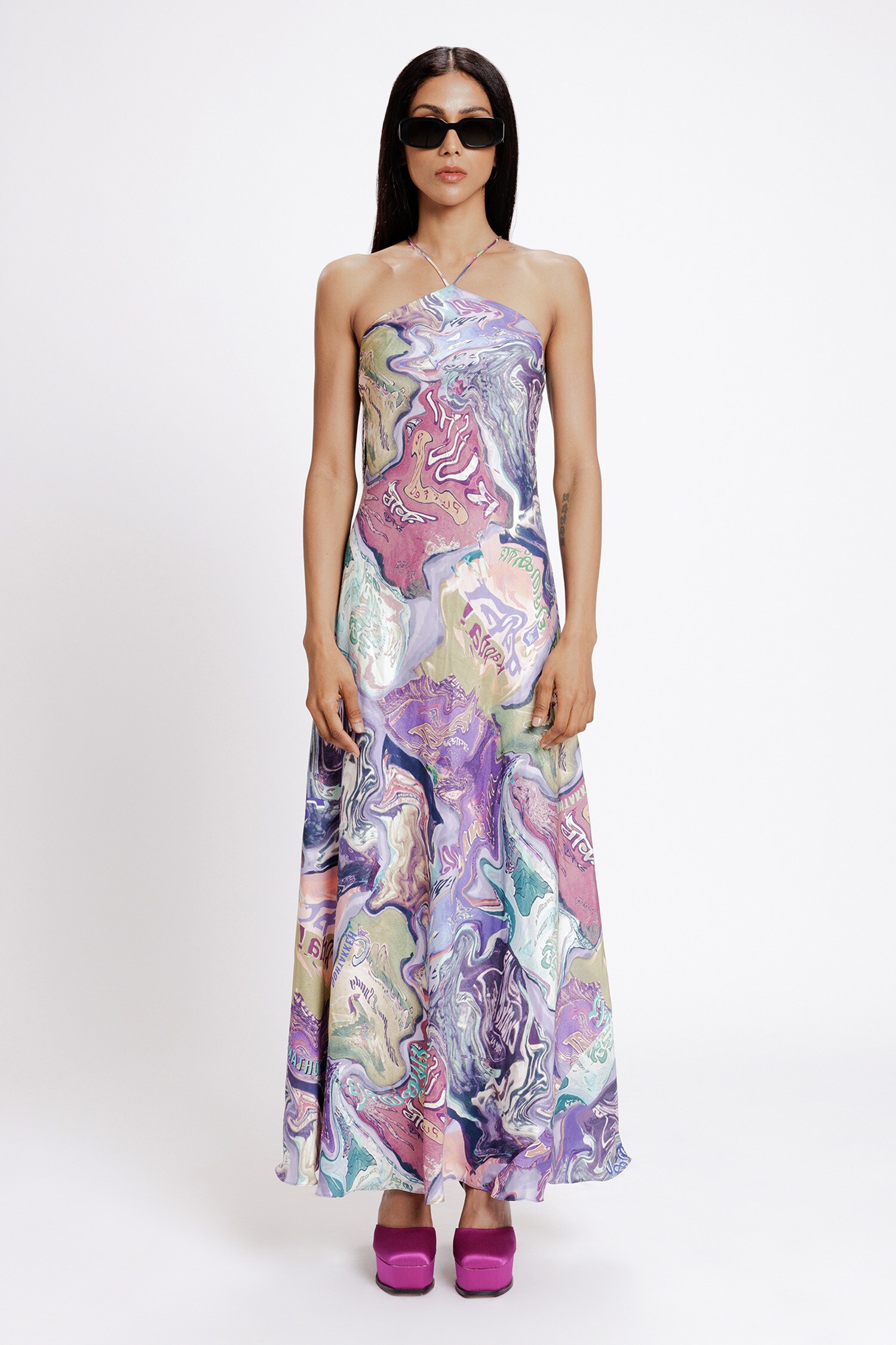 Buy Blue Bemberg Twill Satin Print Mint Halter Neck Pan Masala Slip ...