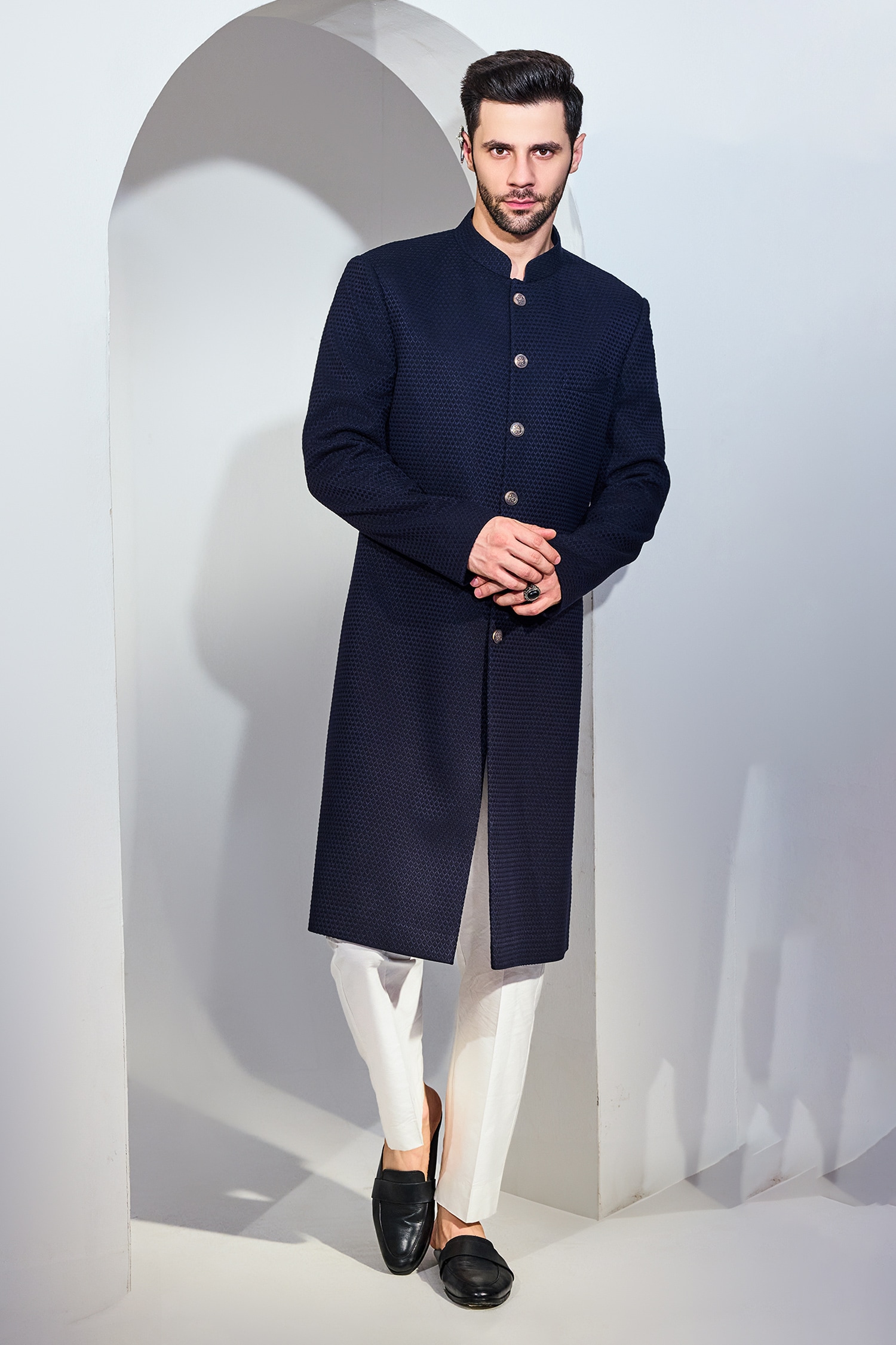 Buy Blue Viscose Blend Diamond Pattern Achkan With Pant For Men by ...