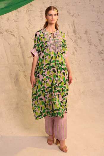Buy Green Natural Crepe Printed Lemon Zest Keyhole Kurta And Pant Set ...