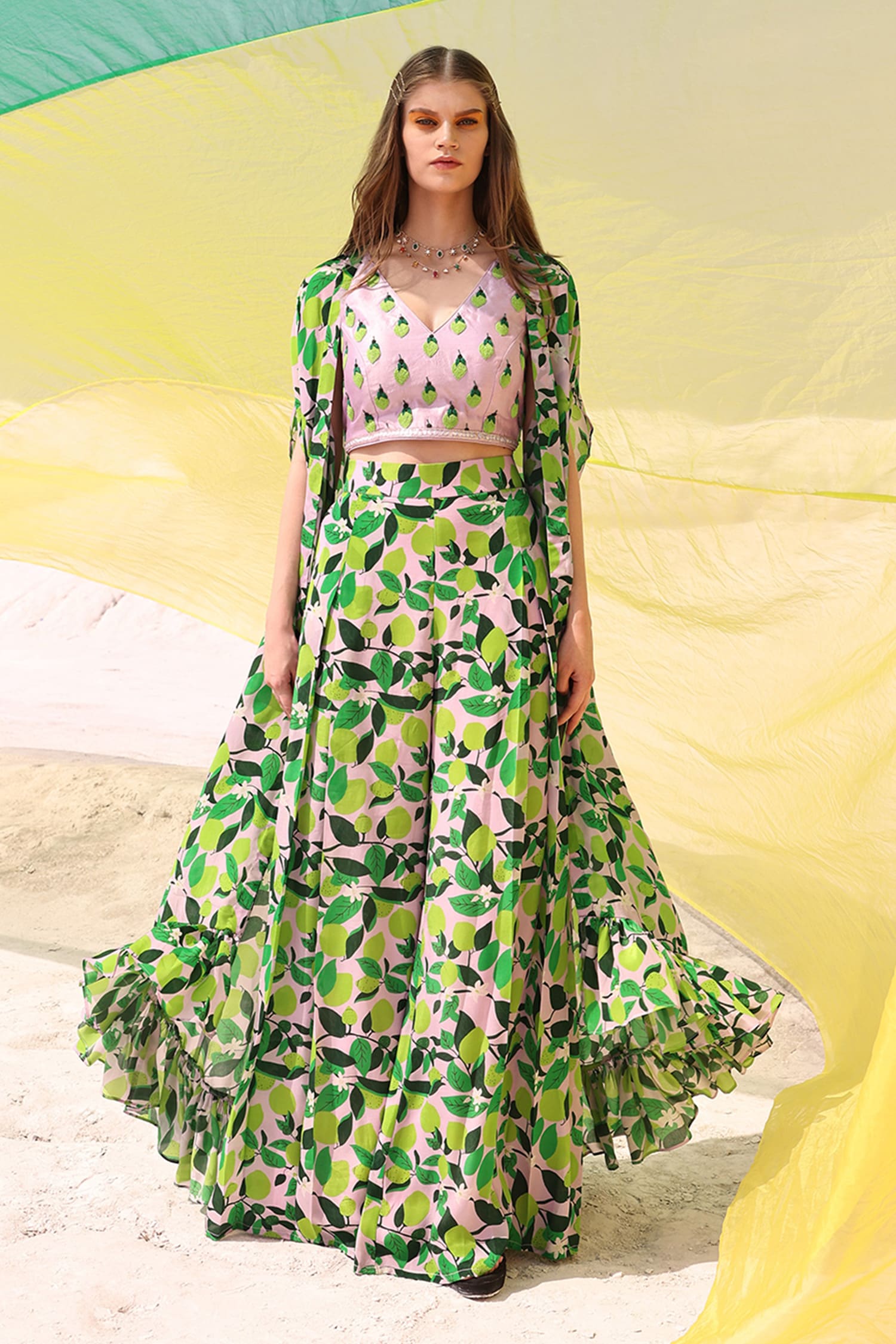 Buy Green Kora Silk Printed Lemon Zest Cape Open Palazzo Set For Women ...